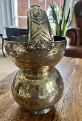 Heavy Antique Brass & Copper Engraved Priest Sadhu Kamandalu Holy Water ...