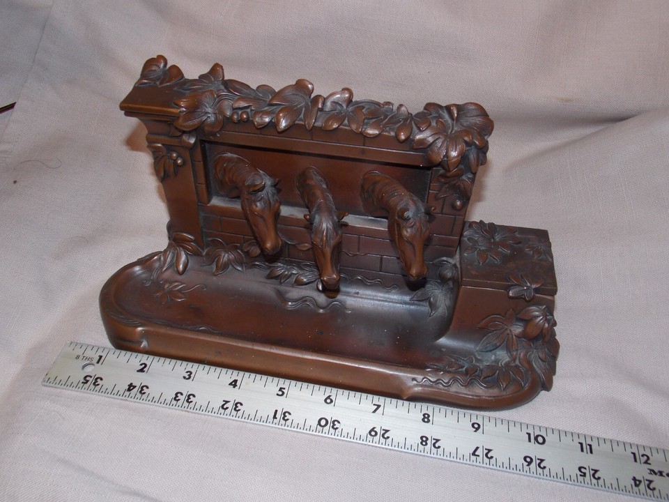 Antique Bronze 3 Horses at Stable Feeding Trough Inkwell Art Nouveau ...