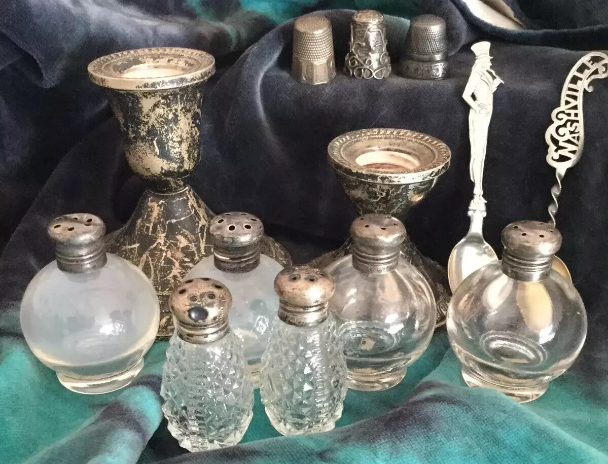 +1 Lbs Antique Vintage Sterling Silver Glass S & P Candle Holder ...
