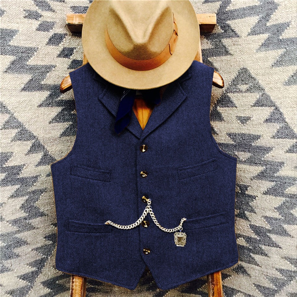 Mens Cowboy Vest Vintage Western Tweed Wool Herringbone Vests M Large ...