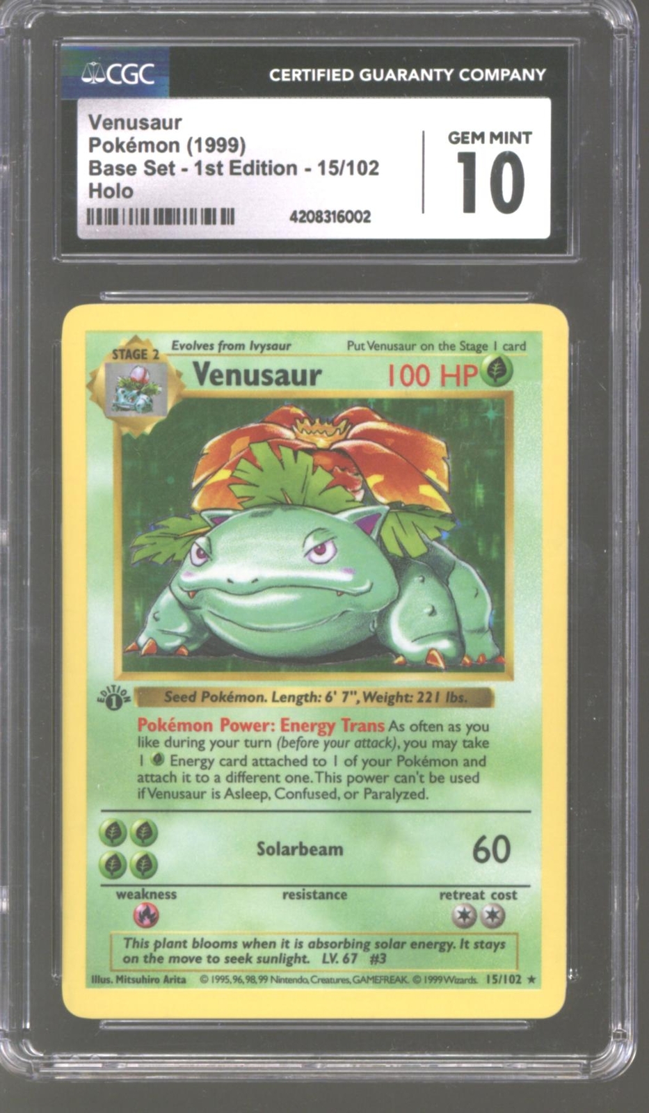Pokemon Base Set 1st Edition Shadowless Venusaur 15/102 CGC 10 GEM MINT ...
