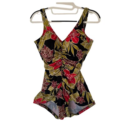 Modest Tropical One Piece Swimsuit Bathing Ruched Tummy Control Panel ...