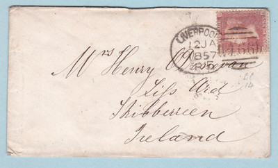 Great Britain 1857 1d Red Cover Liverpool Spoon to Skibbereen, Ireland ...