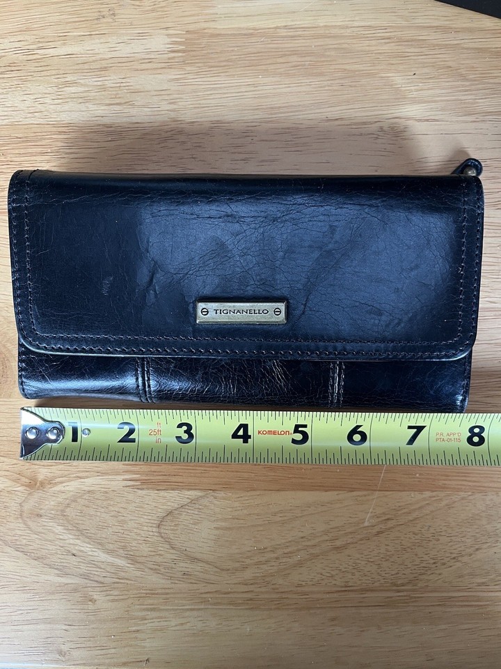 Tignanello Black Genuine Leather Pebble Trifold Wallet Organizer 7.5” x ...