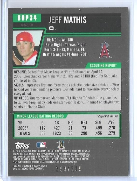 RARE 2006 BOWMAN CHROME JEFF MATHIS XFRACTOR CARD #BDP34 ~ 299/299 ...