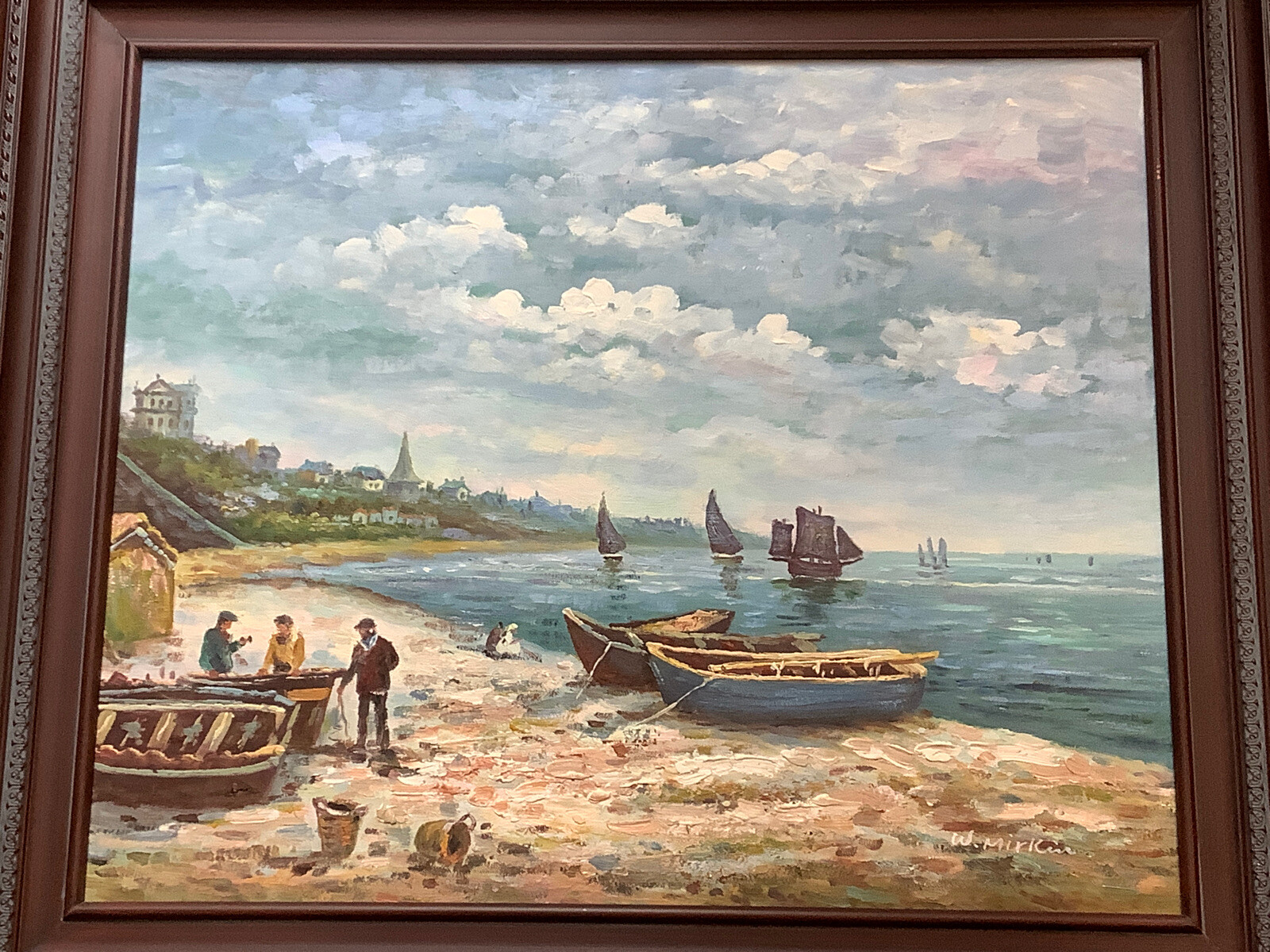 Vintage Framed Signed W. Mirkin Oil Painting Fishermen Boats Fishing ...