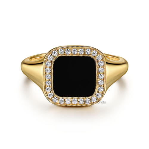 14K Solid Yellow Gold Square Pinky Ring Round Cut Lab-Created Diamond ...