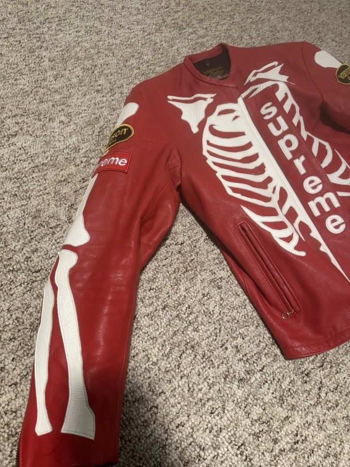 Supreme 2017 Vanson Black Men Leather Skeleton Bones Motorcycle Jacket ...