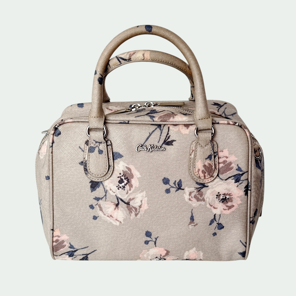 Vintage Cath Kidson Floral Handbag Satchel Purse Gray w/ Pink Roses ...