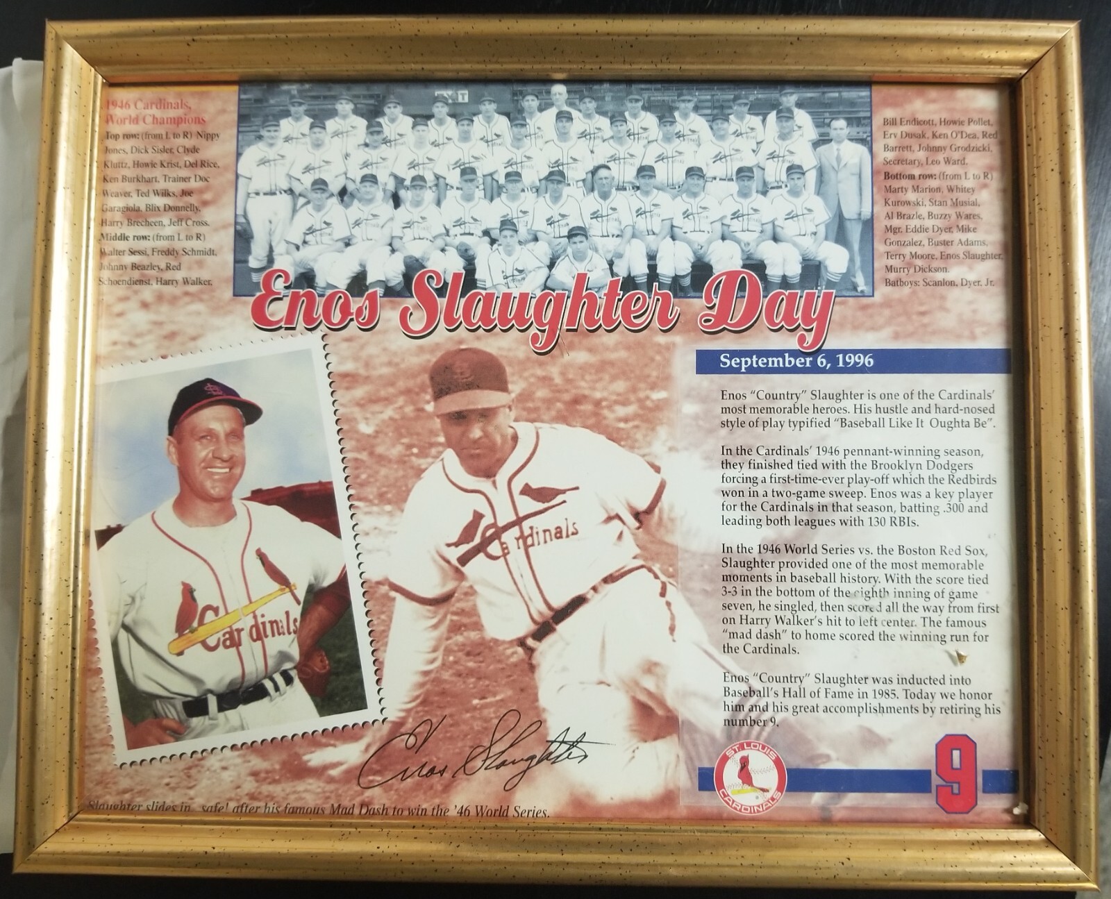 Enos Slaughter September 6 1996 Cardinals Day Frame 46 World Series Mad ...