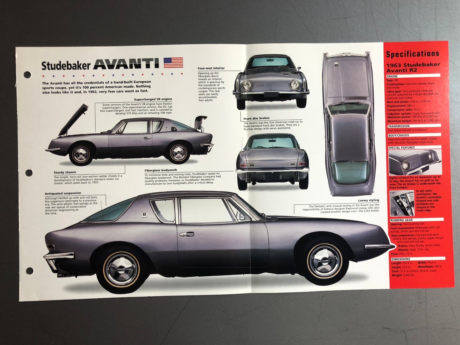 1962 -1992 Studebaker Avanti poster, Spec Sheet, Folder, Brochure ...