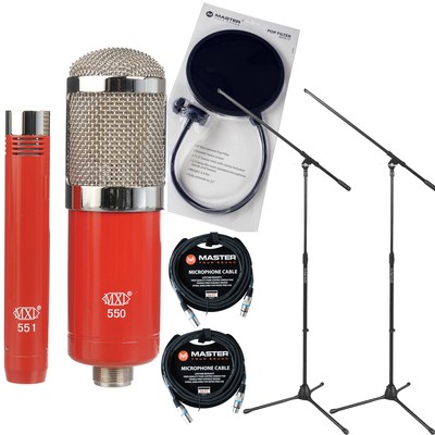 MXL 550/551 Condenser Ensemble Microphone Kit Red w/ Stands, Cables ...