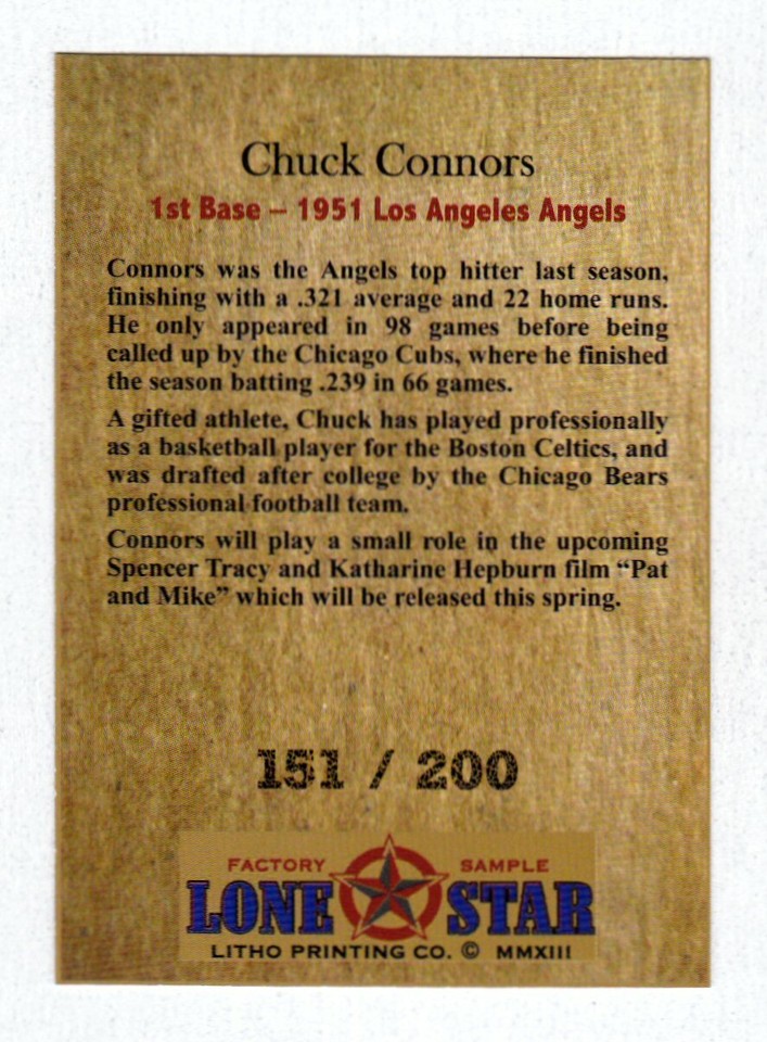 Chuck Connors Los Angeles Angels / Lone Star serial # / FREE SHIP / NM+ ...