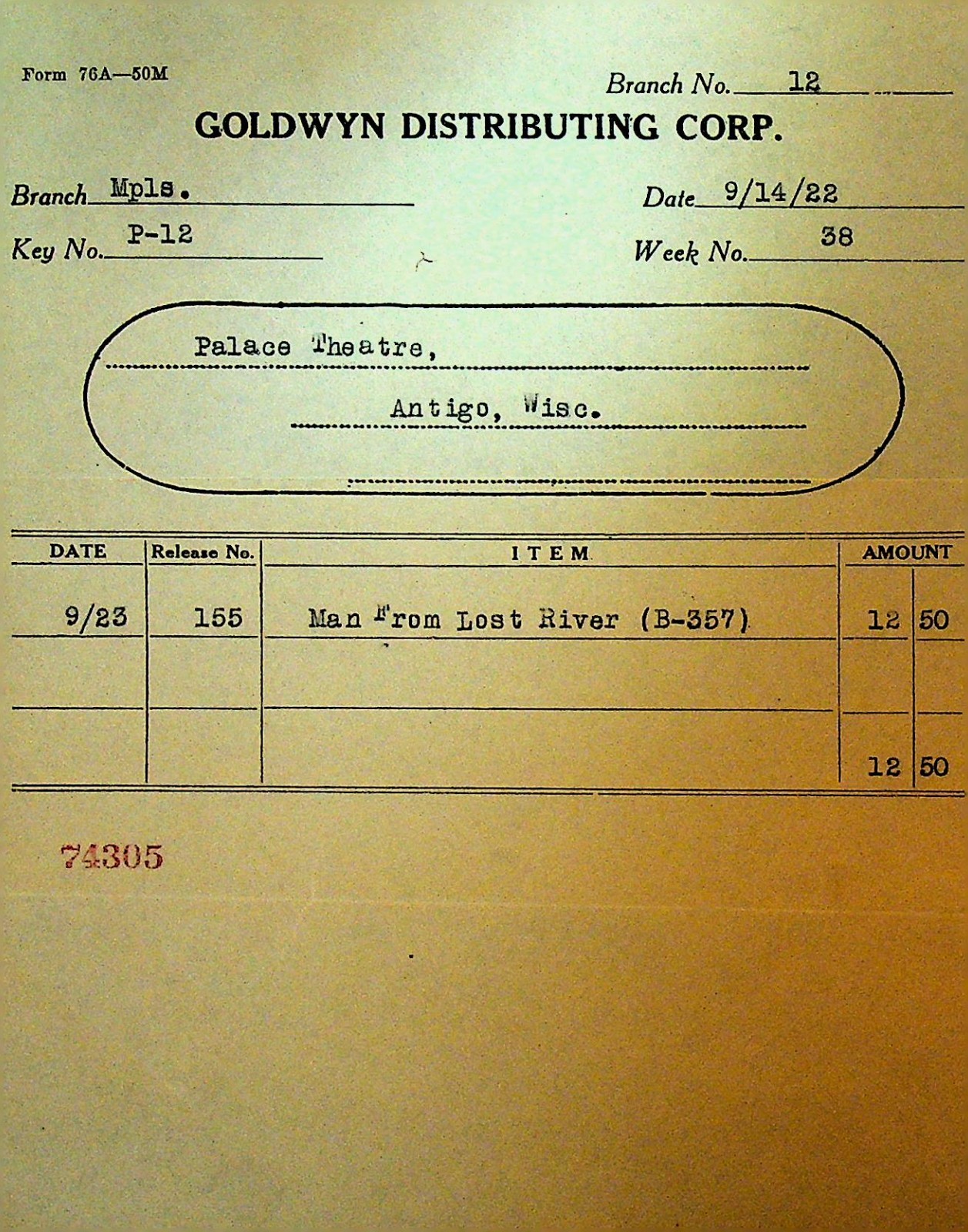 Goldwyn Distributing Invoice September 14 1922 Man From Lost River | eBay