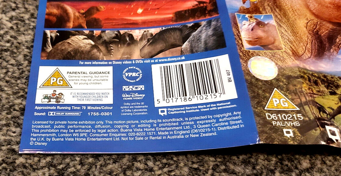 WALT DISNEY'S DINOSAUR ALADAR ZINI PLIO C3 SLEEVE & TAPE ONLY PAL VHS ...