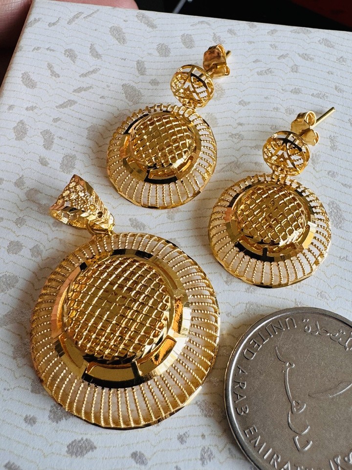 22CT 22KT 916 Real Fine Gold Set Round Shape Earring Pendant only 9.3g ...