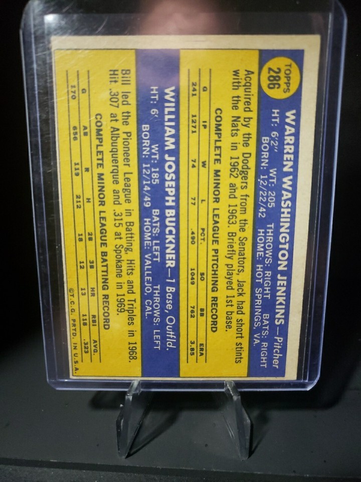 BILL BUCKNER RC 1970 Topps-Dodgers Rookie Jack Jenkins/Bill Buckner ...