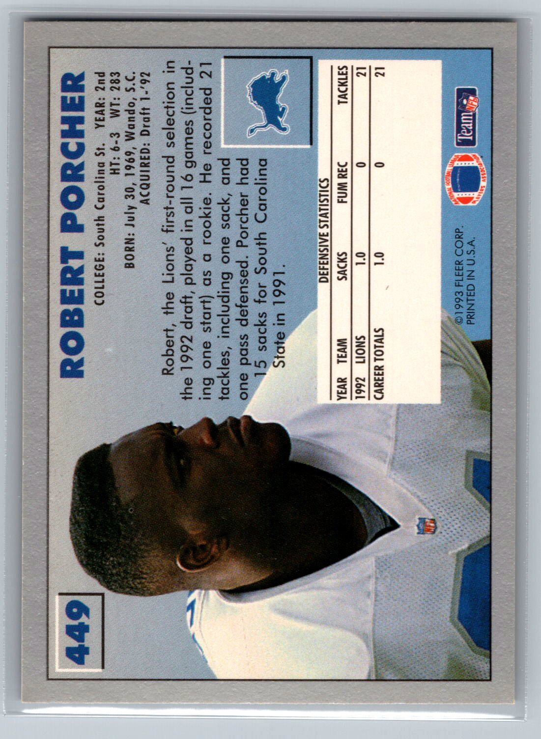 1993 Fleer Football #449 Robert Porcher Detroit Lions | eBay