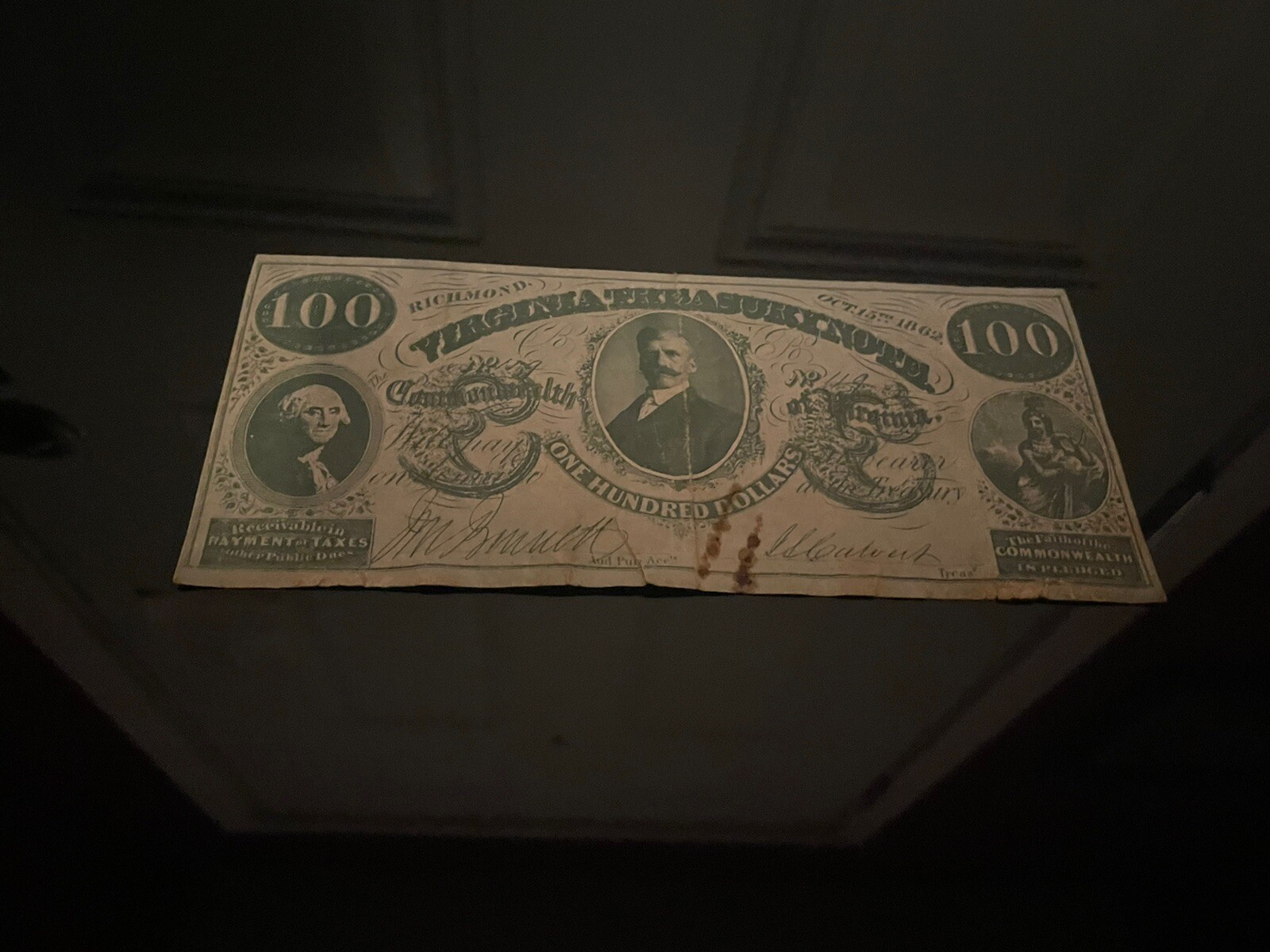 $100 Virginia Treasury Note No. 119 Oct. 15, 1862 Commonwealth of ...