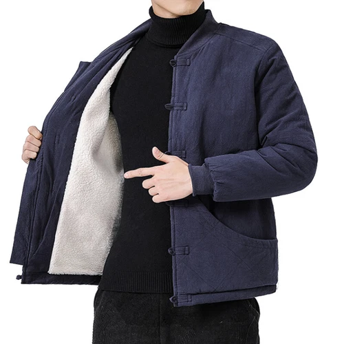 Men Chinese Style Frog Button Jackets Sherpa Lined Coat Baseball ...