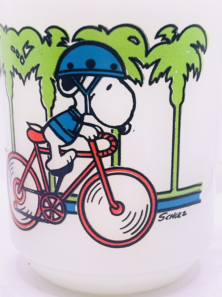 Vintage Peanuts Pedal Power Anchor Hocking Bicycling Snoopy Milk Glass ...