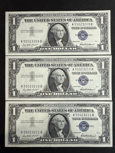 1957 $1 Silver Certificate Uncirculated 3 Consecutive Numbers Blue Seal ...
