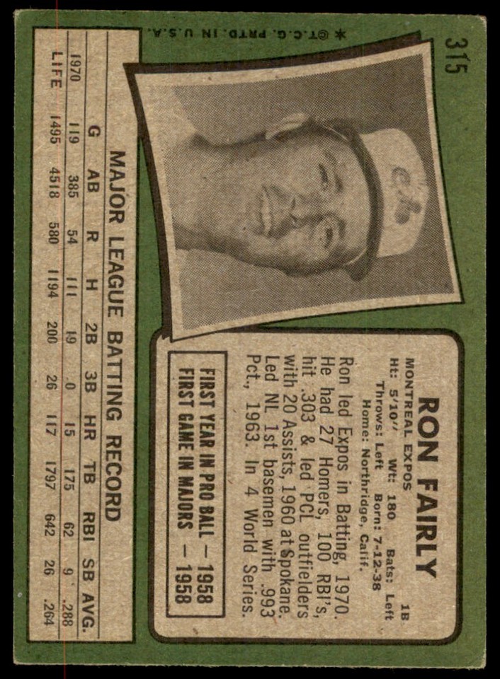 1971 Topps Ron Fairly Montreal Expos #315 | eBay