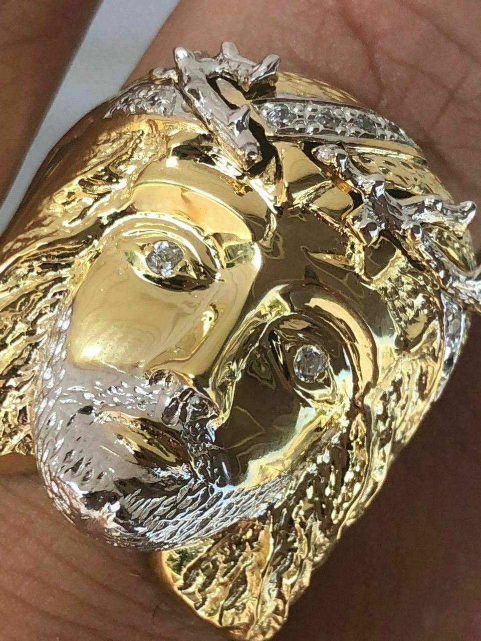 Men Real 14k Yellow Gold Plated Solid 925 Silver Jesus Face Ring ...
