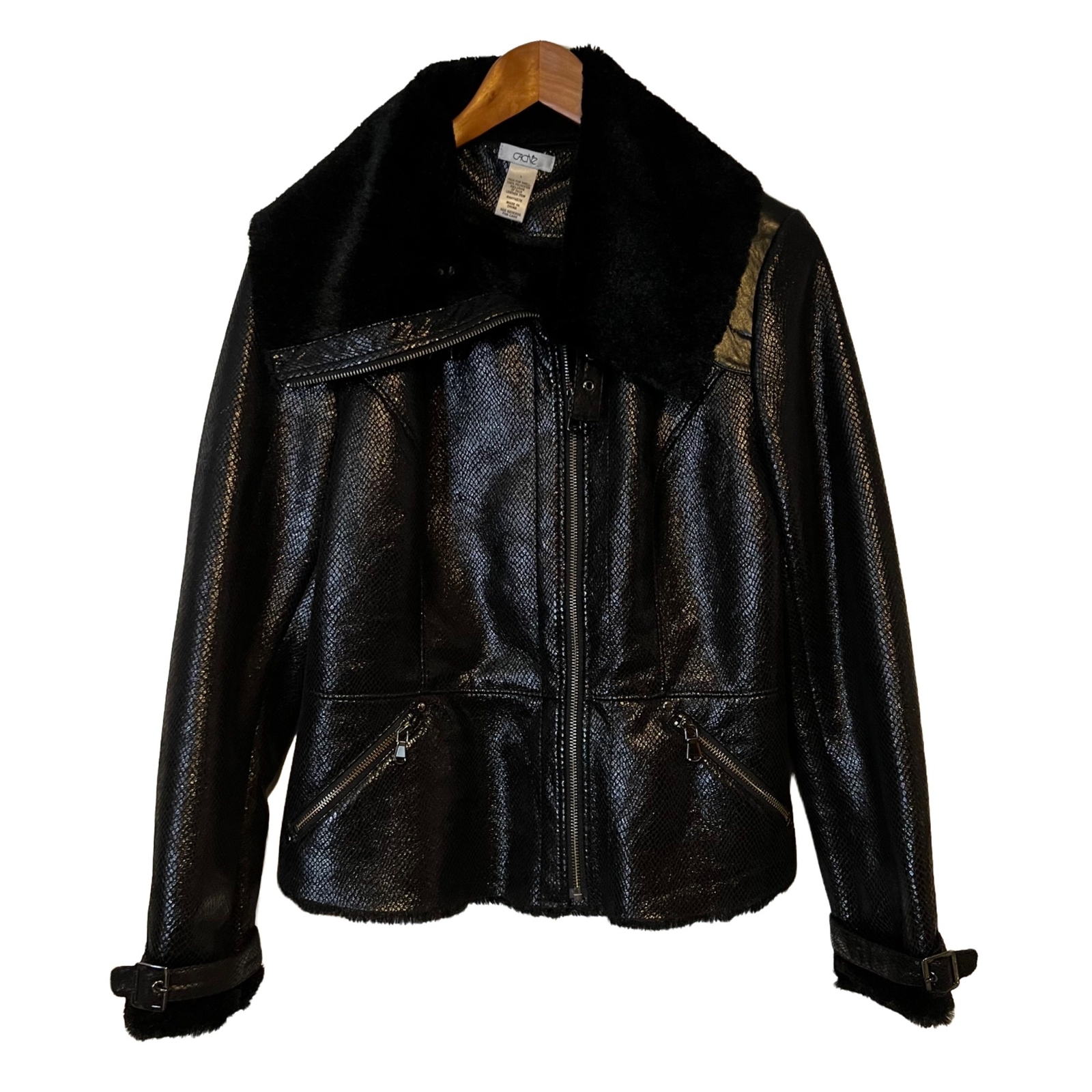 Cache Jacket Faux Fir Black High Collar Buckle accent… - Gem