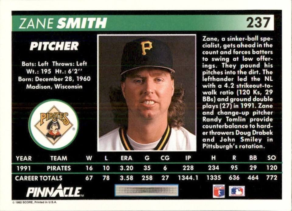 1992 Pinnacle Zane Smith Pittsburgh Pirates #237 Baseball Card | eBay