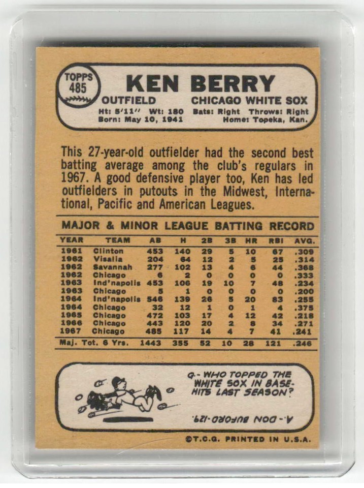 1968 Topps #485 Ken Berry Near Mint or Better | eBay
