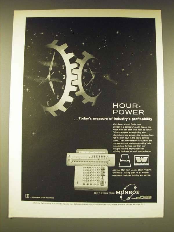 1960 Monroe Monro-Matic Calculators Ad - Hour-Power | eBay