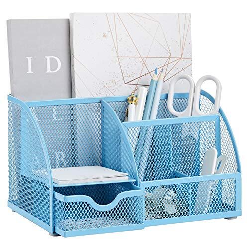 Mesh Desk Organizer Office with 7 Compartments + Drawer/Desk Tidy Blue ...