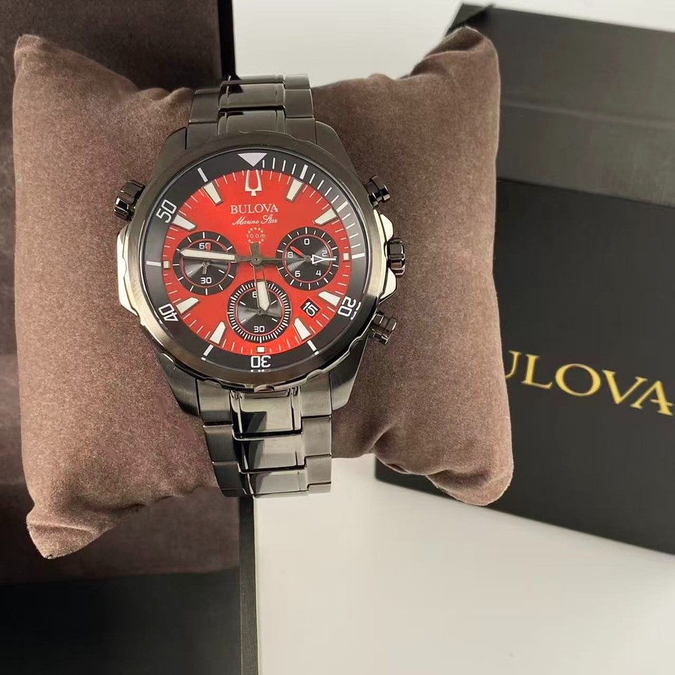 New Bulova Marine Star Men's Chronograph Quartz Watch Red Dial 98B350 ...