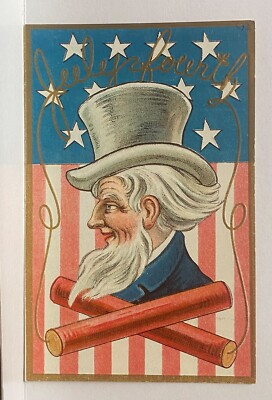 Patriotic July 4th Postcard~Happy Uncle Sam & Giant Firecrackers Stars ...