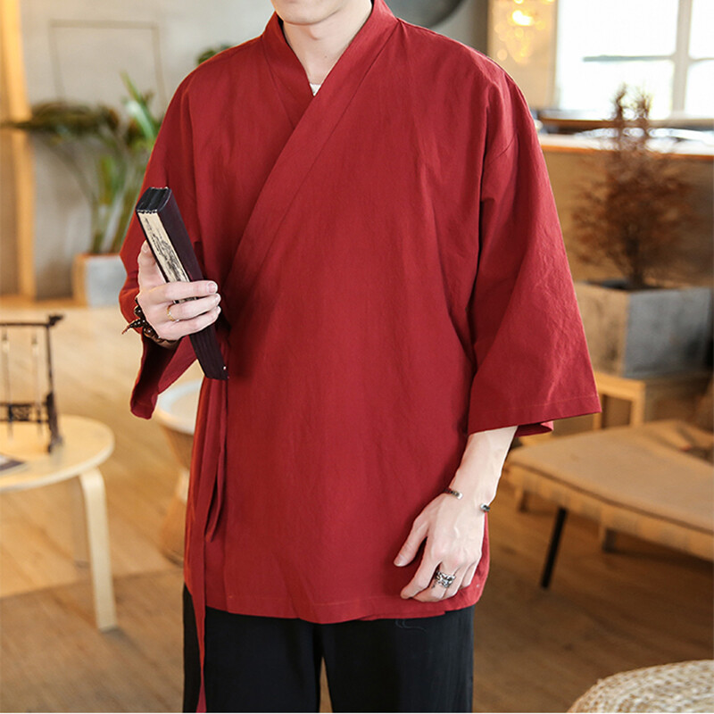 Men 3/4 Sleeve Kimono Cardigan Top Hanfu Shirt Lace Up Top Blouse T ...