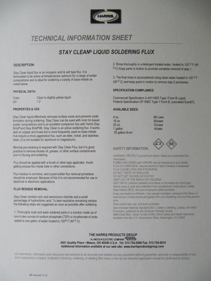 HARRIS STAY-BRITE #8 SOLDER KIT 36 inches plus 1/2 ounce STAY CLEAN ...