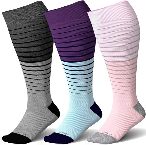 LEVSOX Wide Calf Compression Socks for Women&Men Plus XX-Large, 3 Pair ...