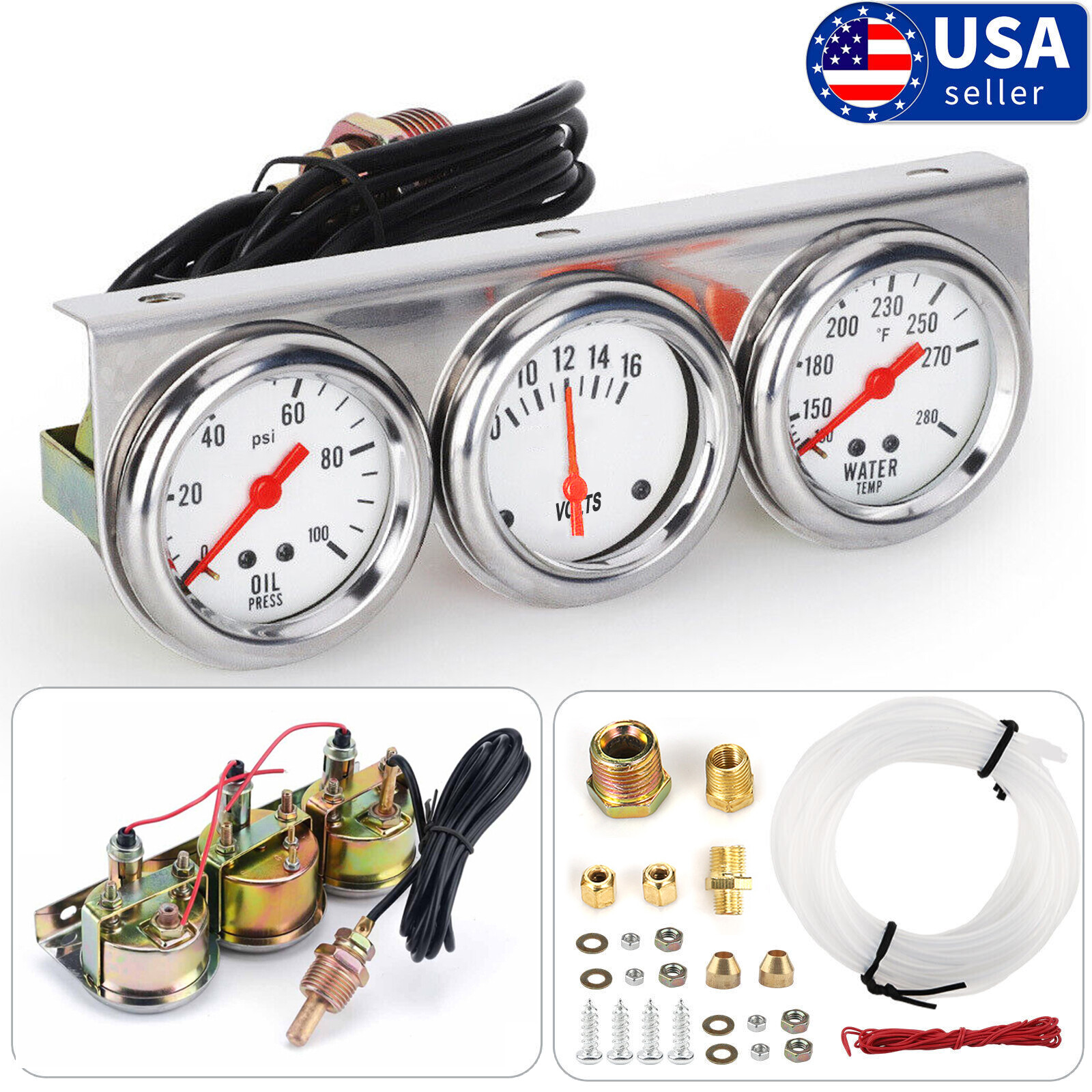 Universal 2" 52mm Chrome Volt Water Oil Pressure Triple 3 Gauge Set ...