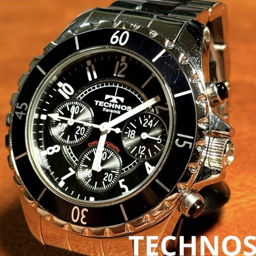 TECHNOS SWISS chronograph black bezel Rare Used Watch Excellent ...