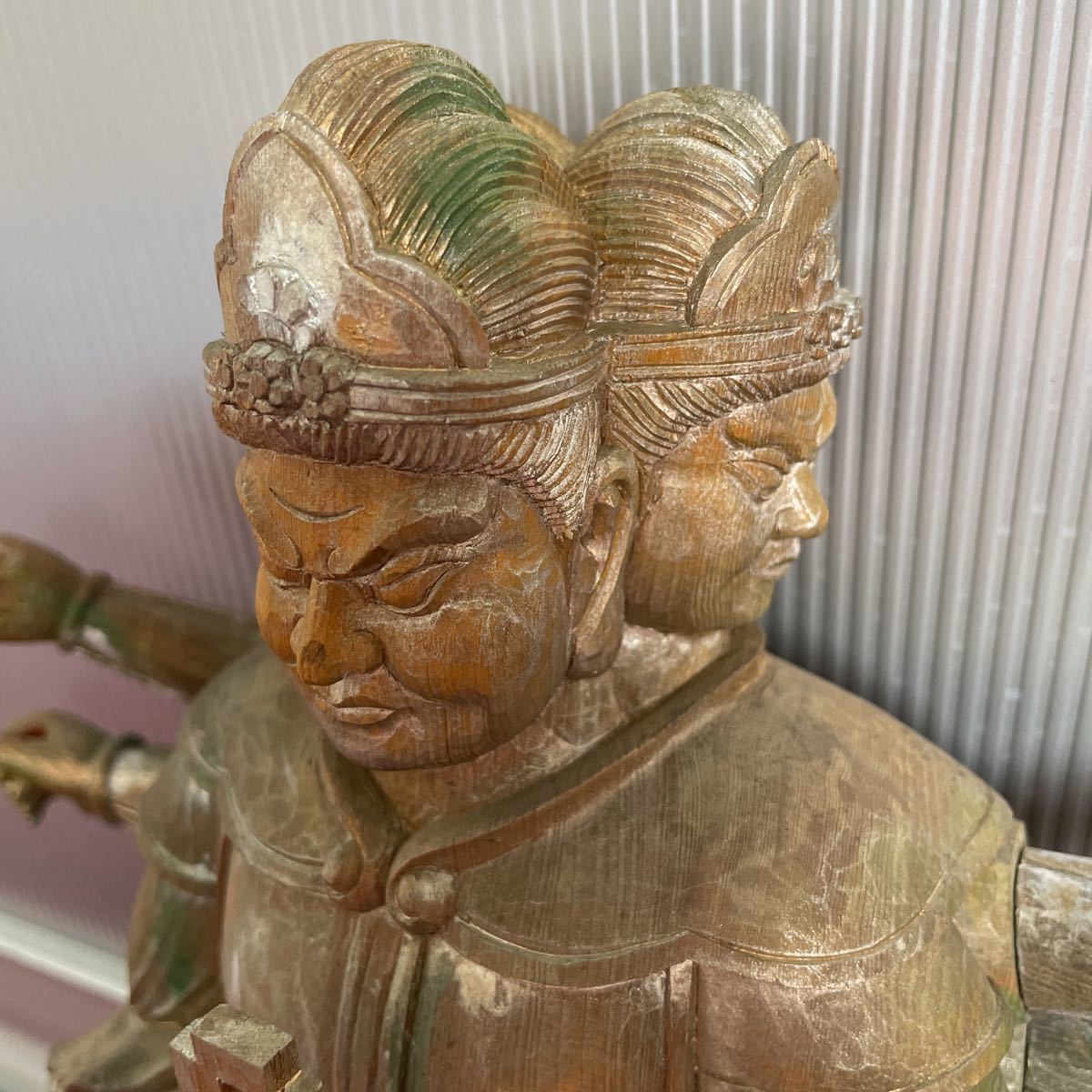 Three Faced Daikokuten Buddha Wooden Statue 13.7 inch Japanese Antique ...