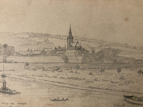 Very Beautiful Drawing XIX 1900 Lead Pencil Old Landscape River Austria ...