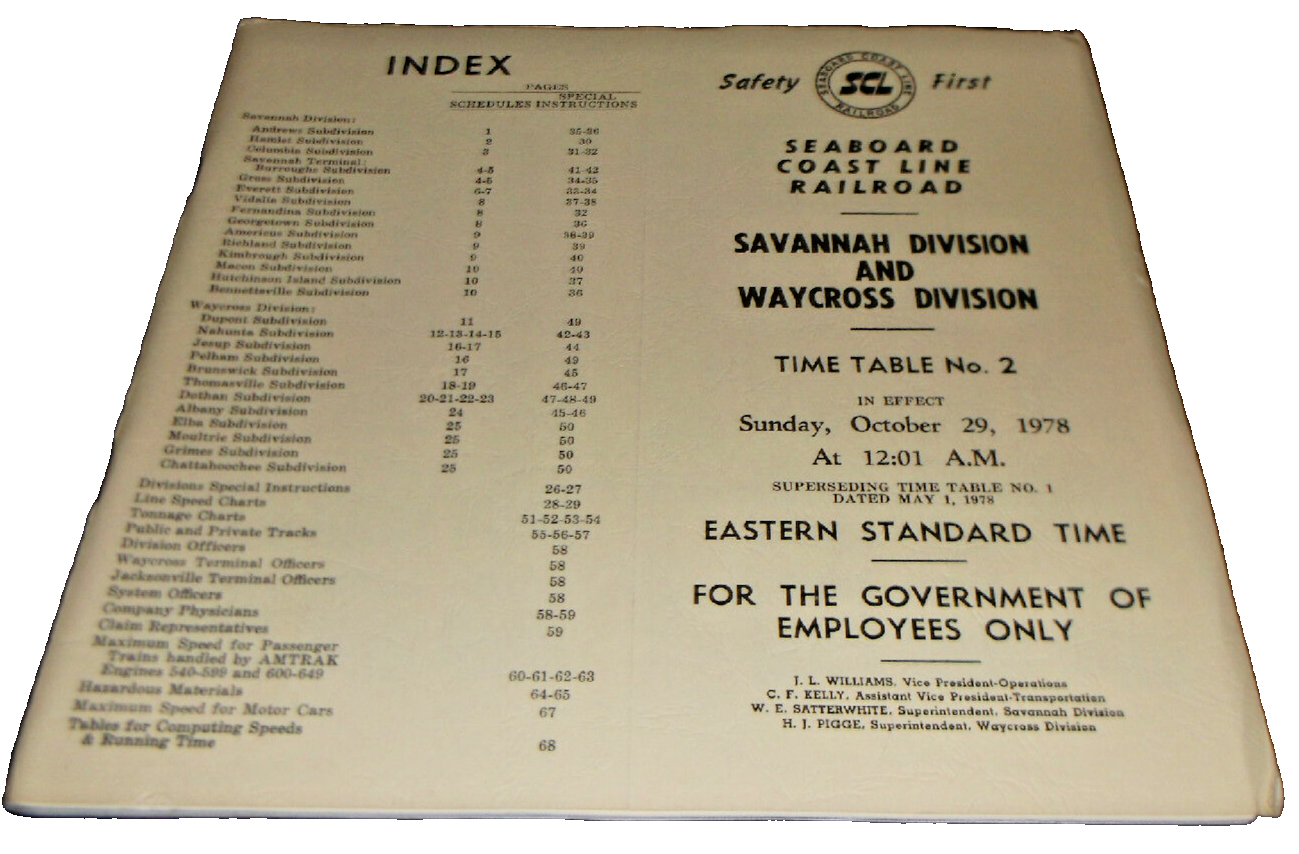 1978 SCL SEABOARD COAST LINE SAVANNAH WAYCROSS DIVISIONS EMPLOYEE TIMETABLE #2 | eBay