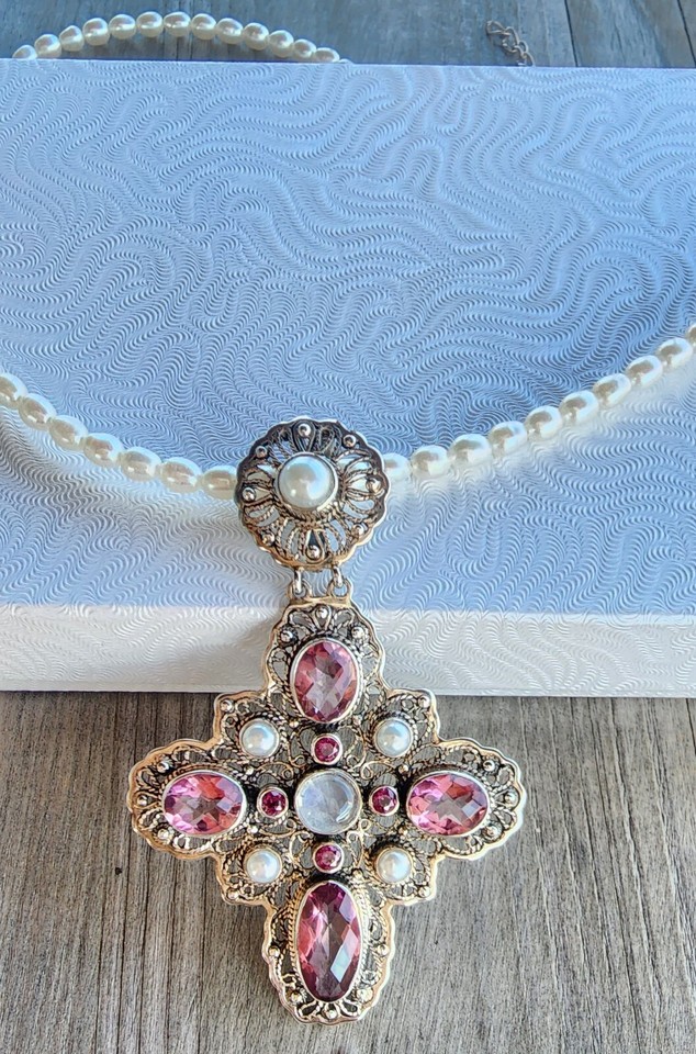 Nicky Butler Sterling Silver Pink Quartz Rhodolite Cross Pendant Pearl ...