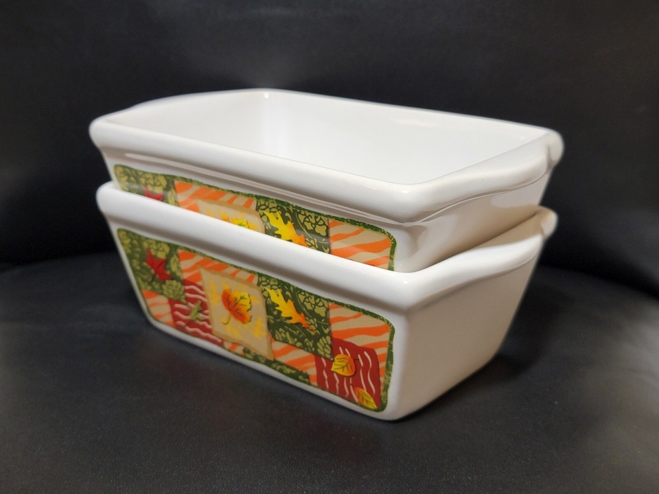Vintage Set of 2 Quilt Fall Theme Ceramic Mini Bread Loaf Pan ...