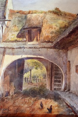 Original Aquarell, Karl Elsner (1865 - 1935), Innenhof in der Wachau ...