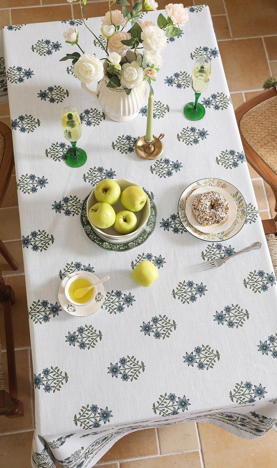 Designer White Linen Extra Long Tablecloth Rectangle,Chinoiserie Floral ...