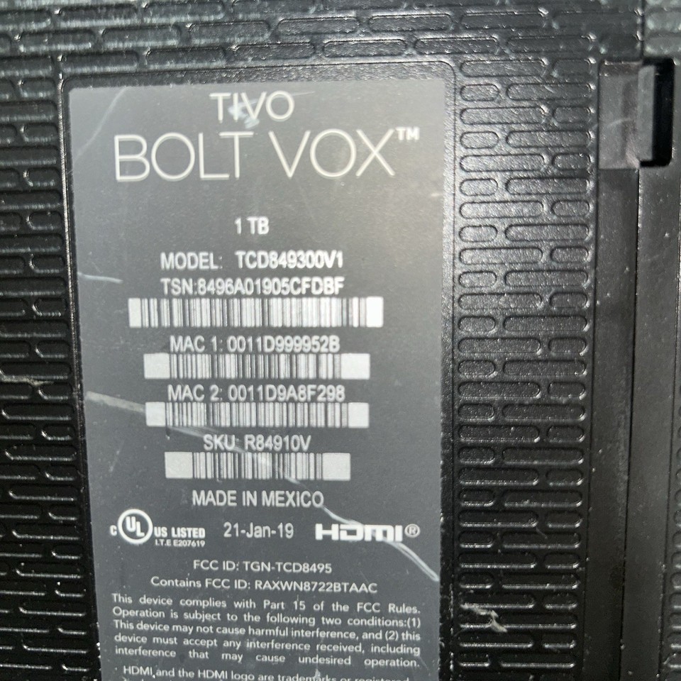 TiVo Bolt Cable 1TB DVR with Lifetime All-in Service Remote TCD849000V1 ...