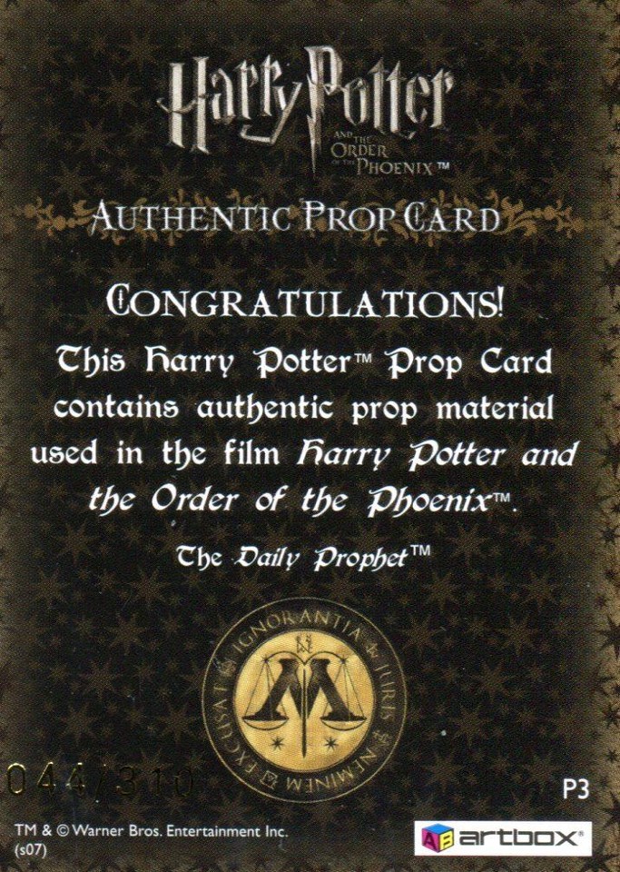 Harry Potter Order of Phoenix The Daily Prophet Prop Card HP P3 #044/ ...