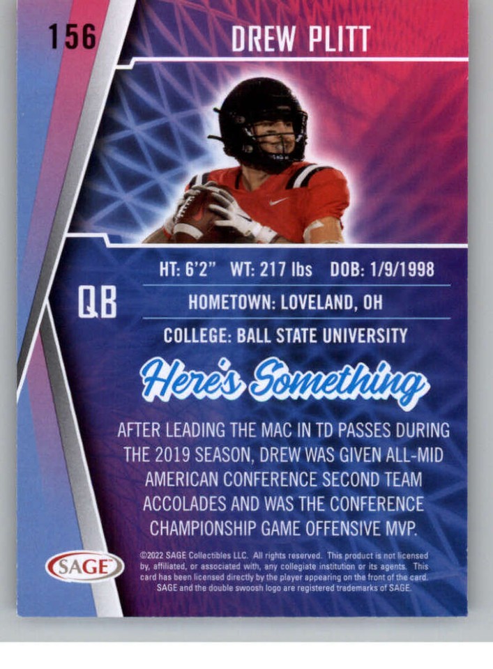 DREW PLITT RC 2022 Sage High Series #156 ROOKIE NFL ID:35475 | eBay